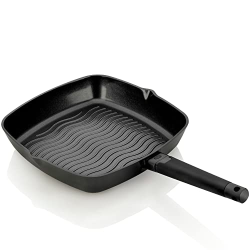 ZAVOR Noir 11" Square Grill Pan for Stove Tops - Quality Cast Aluminum, Titanium Infused Ceramic Nonstick Coating & Removable Handle - Lighter than Cast Iron - Induction Ready, Dishwasher & Oven Safe