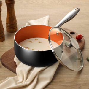 MICHELANGELO 8 Inch Frying Pan + 1 Quart Saucepan with Lid, Ceramic Nonstick Pan Set with Lid, Small Nonstick Coppper Pan Set with Lid and Copper Pot and Pan