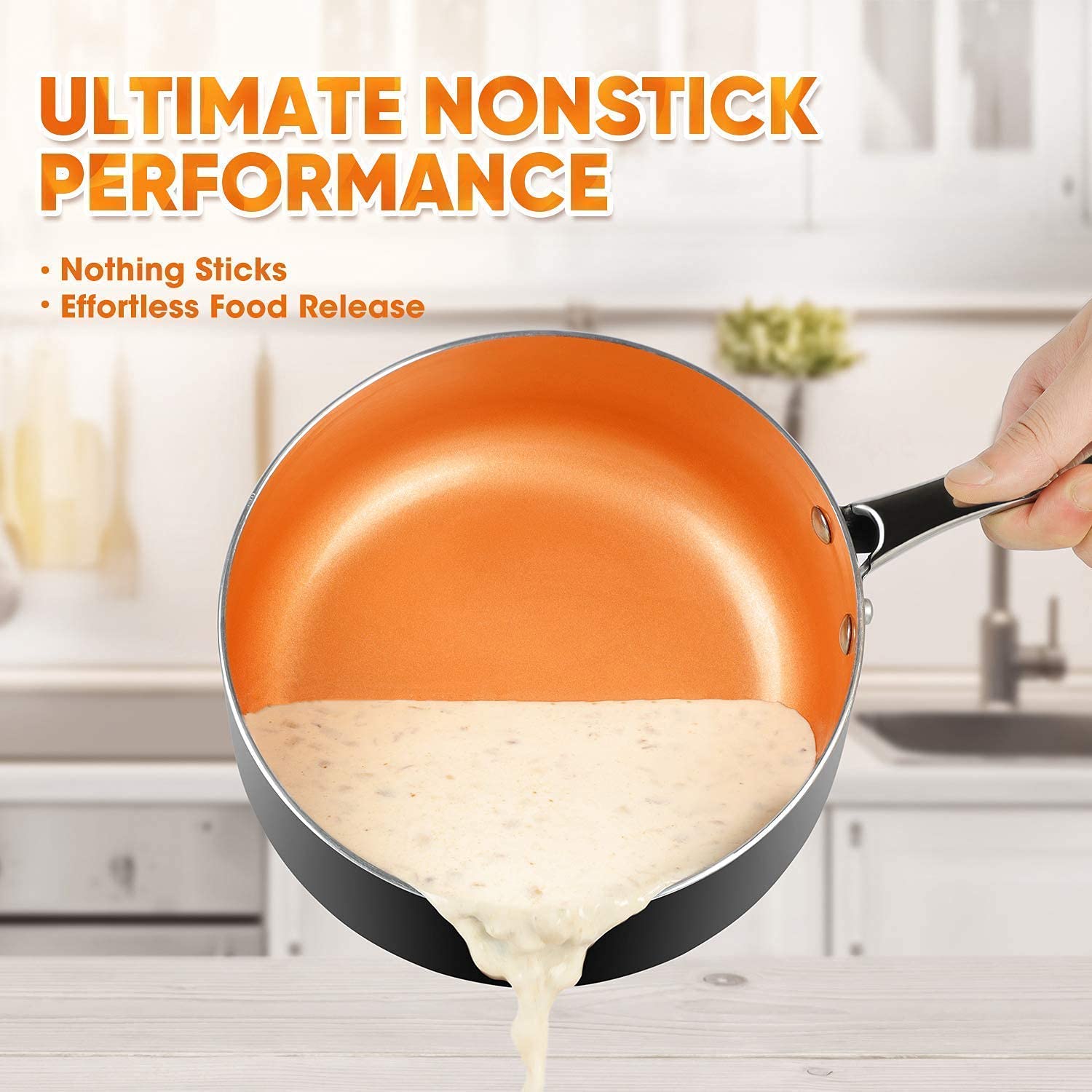 MICHELANGELO 8 Inch Frying Pan + 1 Quart Saucepan with Lid, Ceramic Nonstick Pan Set with Lid, Small Nonstick Coppper Pan Set with Lid and Copper Pot and Pan