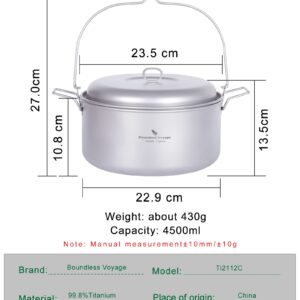 Boundless Voyage Titanium Food Steamer Pan Stock Pot Soup Pot Outdoor Hanging Pot Portable Travel Household Kitchenware Cooking Kit Hot Pot for Camping Picninc (Ti2112C-4.5L stockpot ONLY)