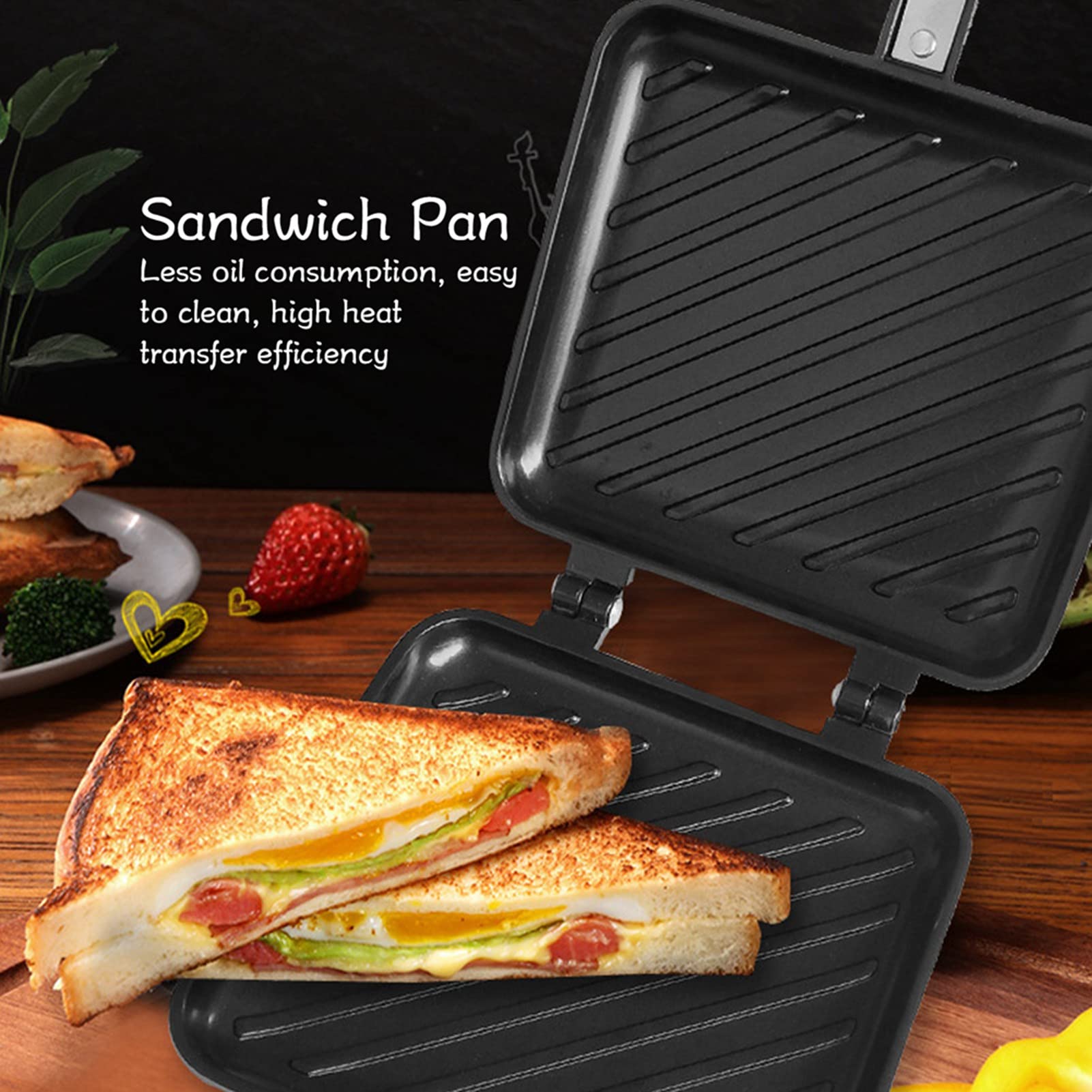 Frying Pan, Nonstick Double Sided Frying Pan, Flat Bottom Sandwich Pan, Aluminum Alloy Sandwich Pancake Maker Pan for Toaster Breakfast Omelette