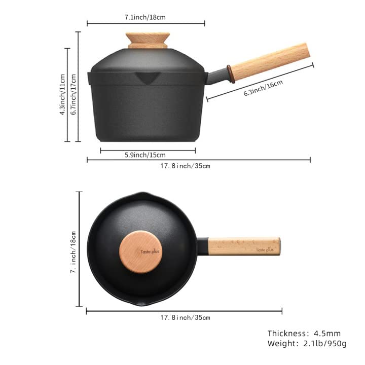 Saucepan with Lid, Sauce Pans Nonstick Milk Pot with Wood Handle, Taste plus 2 Quart Cooking Pot with Pour Spout, PFOA Free Black Soup Pot