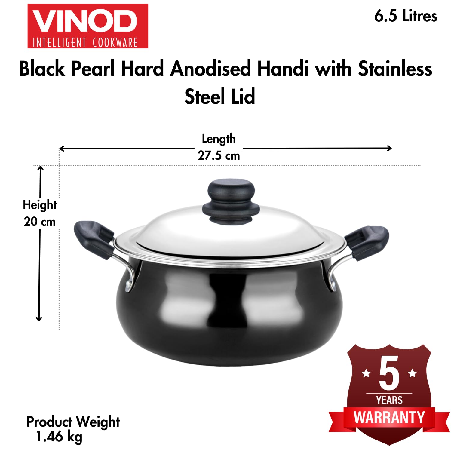 Vinod Pearl Hard Anodised Handi with Stainless Steel Lid, 6.5 L, Black