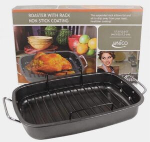 heavy gauge, carbonized steel, commercial kitchen grade non-stick roaster with floating rack for 22 lb turkey by eurohome