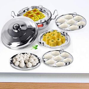 sumeet stainless steel induction encapsulated bottom gas stove friendly multi utility kadhai set with lid and 5 plates (steel)