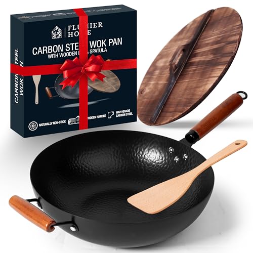 Flumier Home – Carbon Steel Wok – Flat Bottom with Detachable Handle, Bamboo Lid & Spatula – Non Stick Pan for all Type of Stoves 12.5 inch (Black)