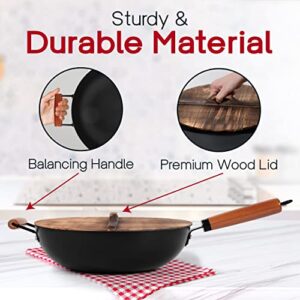 Flumier Home – Carbon Steel Wok – Flat Bottom with Detachable Handle, Bamboo Lid & Spatula – Non Stick Pan for all Type of Stoves 12.5 inch (Black)