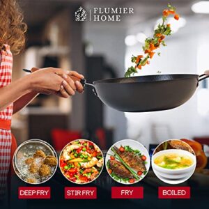 Flumier Home – Carbon Steel Wok – Flat Bottom with Detachable Handle, Bamboo Lid & Spatula – Non Stick Pan for all Type of Stoves 12.5 inch (Black)