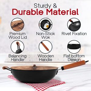 Flumier Home – Carbon Steel Wok – Flat Bottom with Detachable Handle, Bamboo Lid & Spatula – Non Stick Pan for all Type of Stoves 12.5 inch (Black)