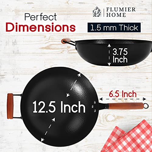 Flumier Home – Carbon Steel Wok – Flat Bottom with Detachable Handle, Bamboo Lid & Spatula – Non Stick Pan for all Type of Stoves 12.5 inch (Black)