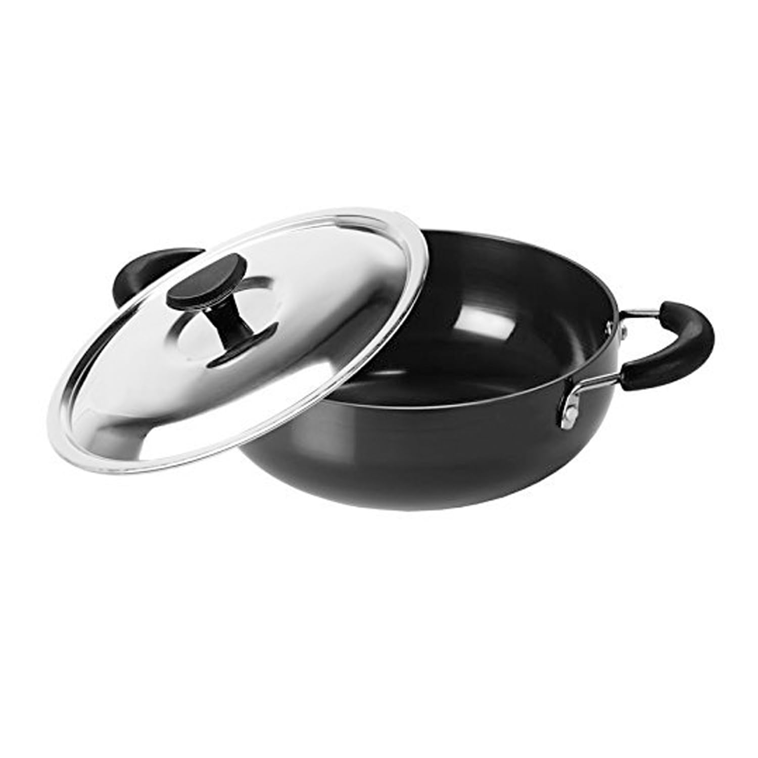 Aluminium Kadhai Hard Anodised with Stainless Steel Lid All Purpose Pan Round Bottom Deep Fry Pan / Kadai Stir Fry Pan Multipurpose Pan