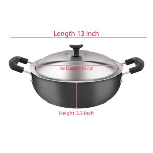 Aluminium Kadhai Hard Anodised with Stainless Steel Lid All Purpose Pan Round Bottom Deep Fry Pan / Kadai Stir Fry Pan Multipurpose Pan