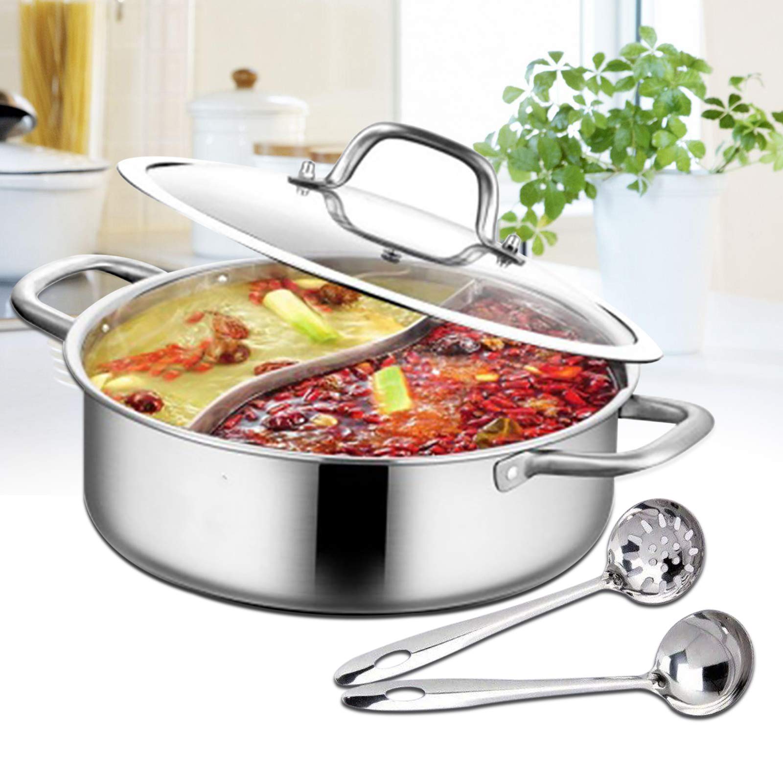 LYNICESHOP 304 Food Grade Stainless Steel Shabu Shabu Hot pot with Divider&Lid for Induction Cooktop Gas Stove Dual Sided Soup Cookware with 2 Soup Ladles