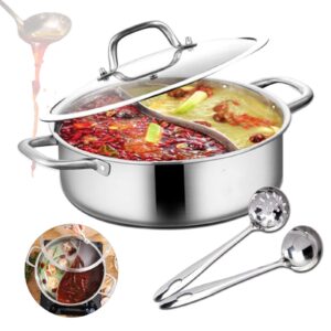 LYNICESHOP 304 Food Grade Stainless Steel Shabu Shabu Hot pot with Divider&Lid for Induction Cooktop Gas Stove Dual Sided Soup Cookware with 2 Soup Ladles