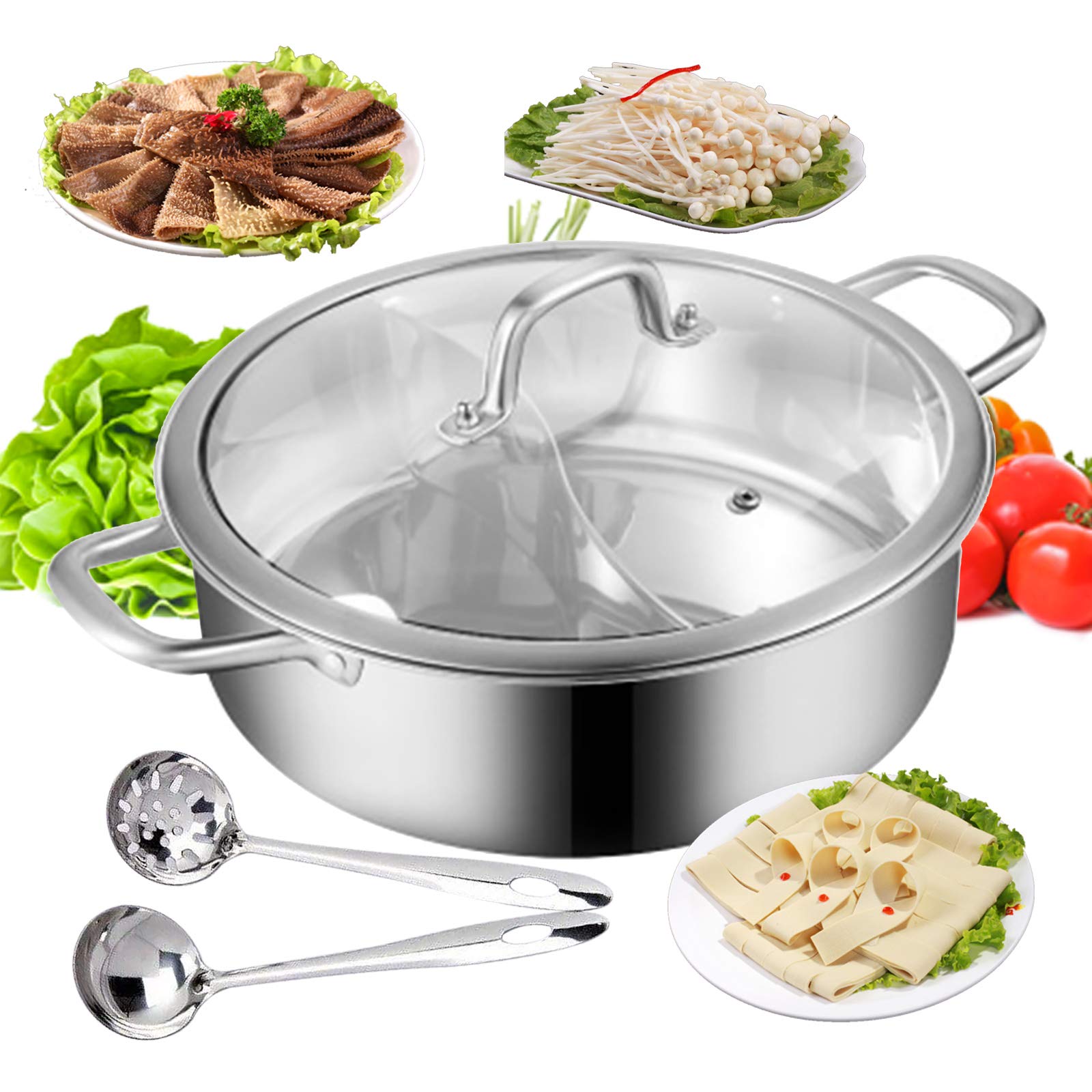 LYNICESHOP 304 Food Grade Stainless Steel Shabu Shabu Hot pot with Divider&Lid for Induction Cooktop Gas Stove Dual Sided Soup Cookware with 2 Soup Ladles