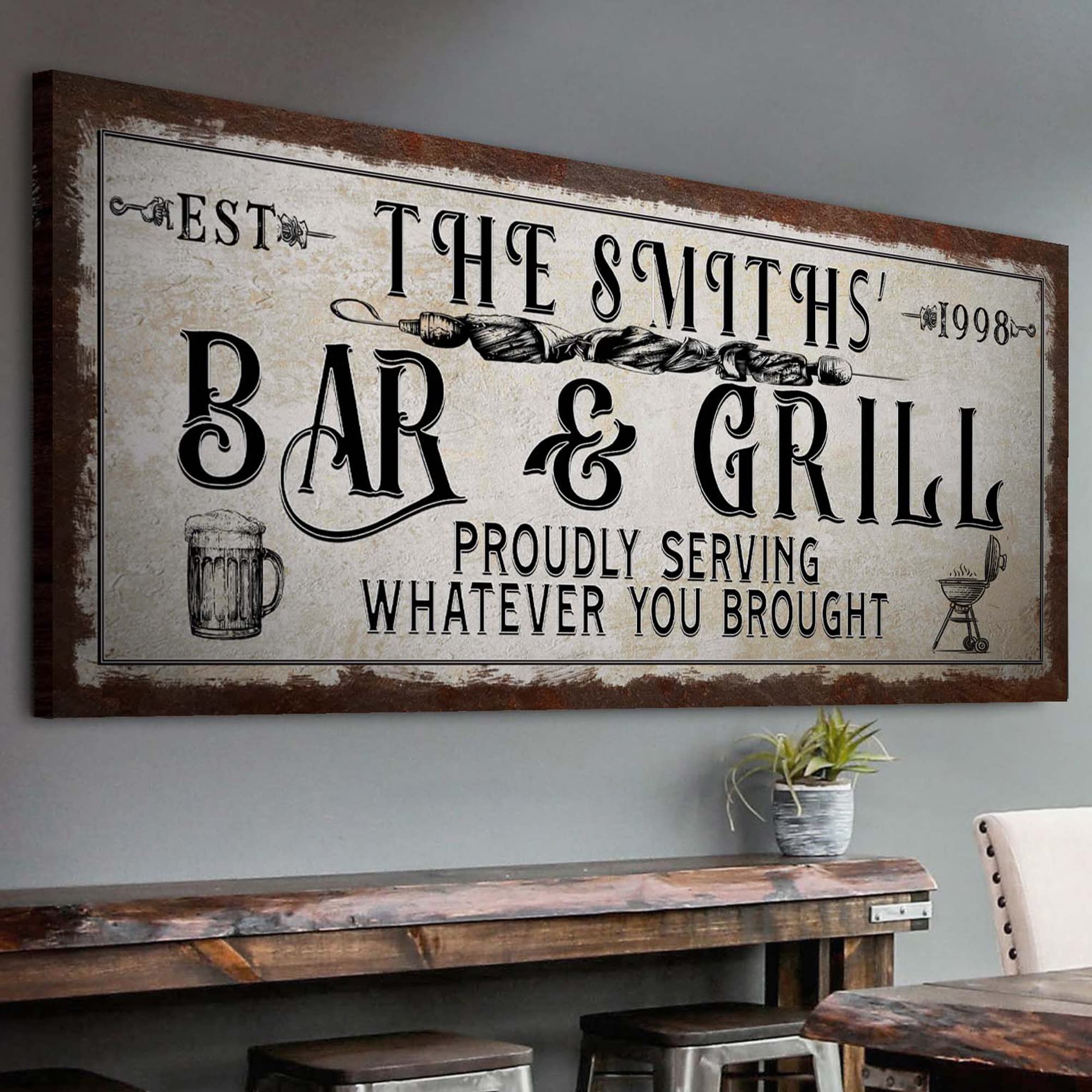 Tailored Canvases Custom Bar and Grill Sign - Canvas Wall Art Decor for Man Cave, Hideout, Kitchen, Pub, Diner and Restaurant - Rustic Bar & Grill Hook on Cloth with 1 Beer Mug and Griller, 48x16in