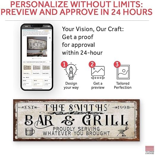 Tailored Canvases Custom Bar and Grill Sign - Canvas Wall Art Decor for Man Cave, Hideout, Kitchen, Pub, Diner and Restaurant - Rustic Bar & Grill Hook on Cloth with 1 Beer Mug and Griller, 48x16in