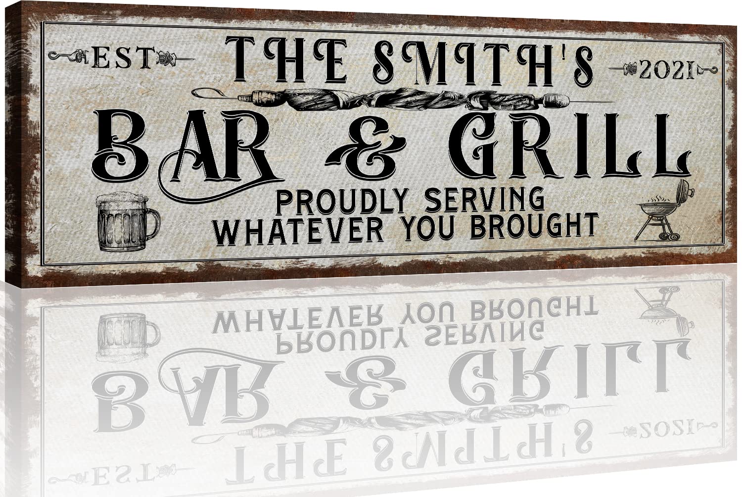 Tailored Canvases Custom Bar and Grill Sign - Canvas Wall Art Decor for Man Cave, Hideout, Kitchen, Pub, Diner and Restaurant - Rustic Bar & Grill Hook on Cloth with 1 Beer Mug and Griller, 48x16in