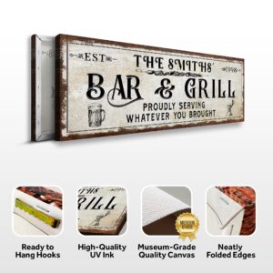 Tailored Canvases Custom Bar and Grill Sign - Canvas Wall Art Decor for Man Cave, Hideout, Kitchen, Pub, Diner and Restaurant - Rustic Bar & Grill Hook on Cloth with 1 Beer Mug and Griller, 48x16in