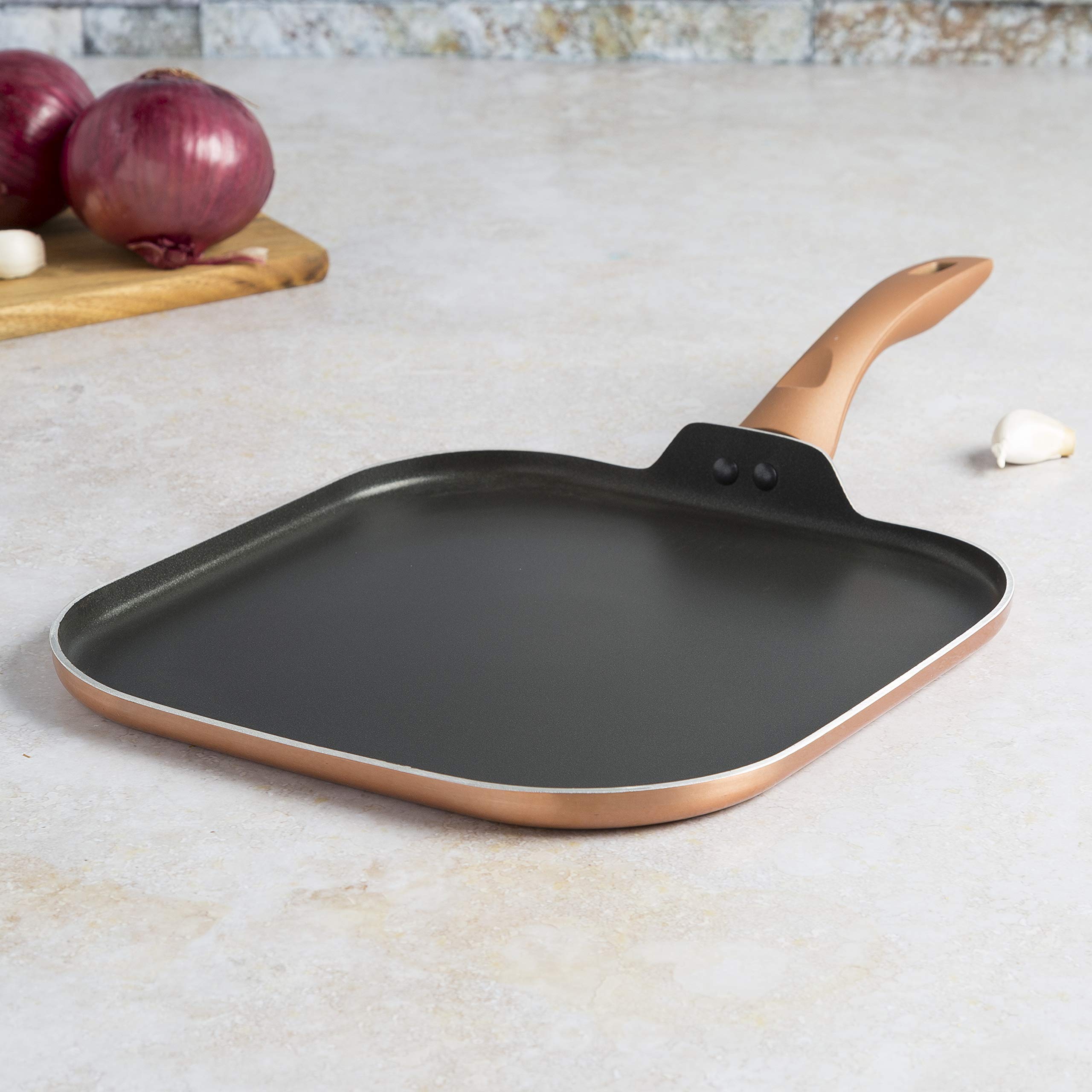 Cooking Light Dishwasher Safe, Silicone Handle, Specialty Cookware for Family, 11 Inch Griddle, Copper