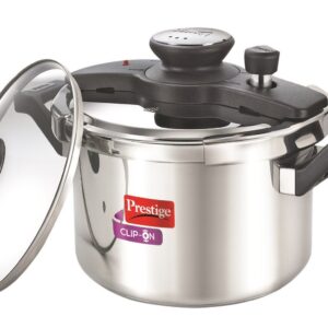 Prestige Clip-on Stainless Steel Pressure Cooker, Cook And Serve Pot with Extra Glass Lid, Large 6 Liters