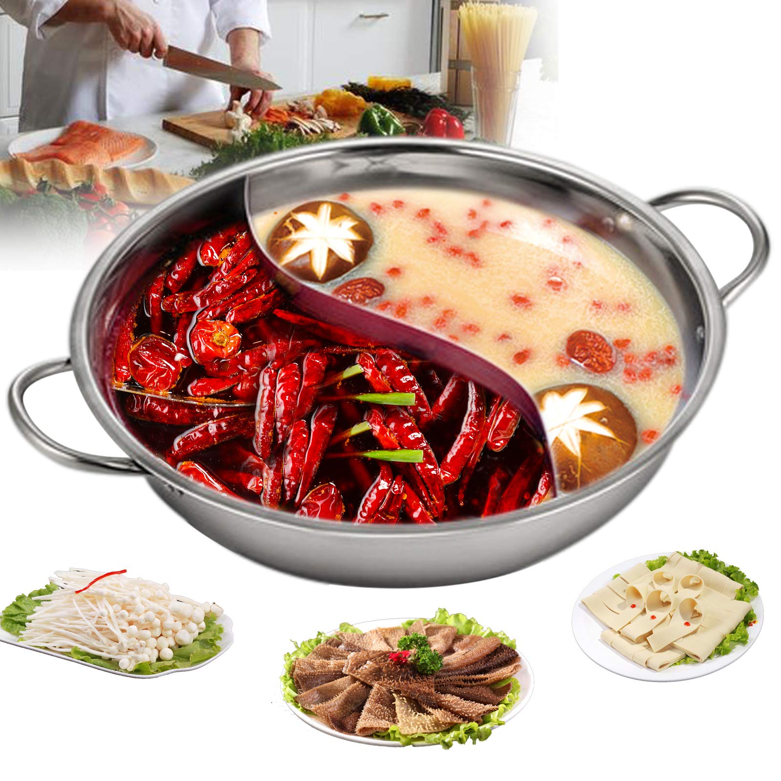 Gdrasuya10 Shabu Hot Pot, 12" Stainless Steel Pot Dual Site Divider with Glass Lid for 2-5 People