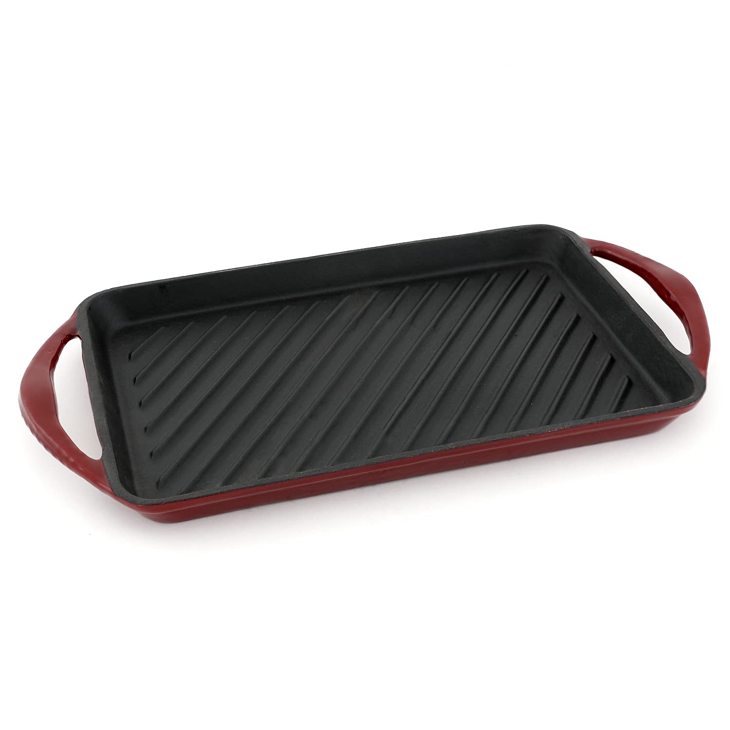 Hell's Kitchen Pre-seasoned Cast Iron Enameled Rectangle Grill Pan with Handles, Red