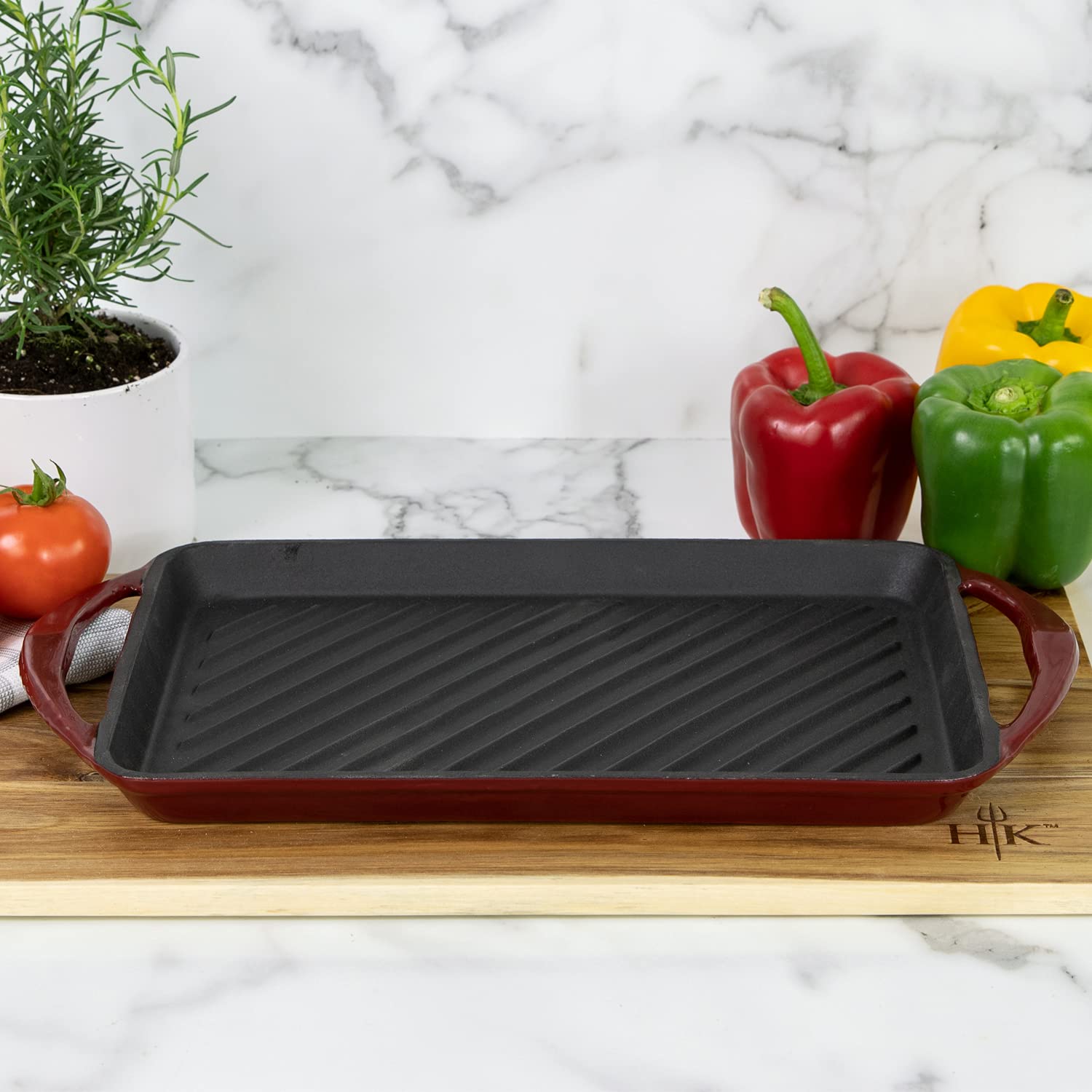 Hell's Kitchen Pre-seasoned Cast Iron Enameled Rectangle Grill Pan with Handles, Red