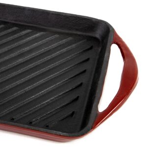 Hell's Kitchen Pre-seasoned Cast Iron Enameled Rectangle Grill Pan with Handles, Red