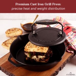 Pre-Seasoned Cast Iron Skillet 2-Piece Set (10-Inch and 12-Inch) Oven Safe Cookware + Grill Press - Cast Iron Burger Press for Bacon, Steak and Smashed Hamburgers - 7.5"-inch Diameter Round