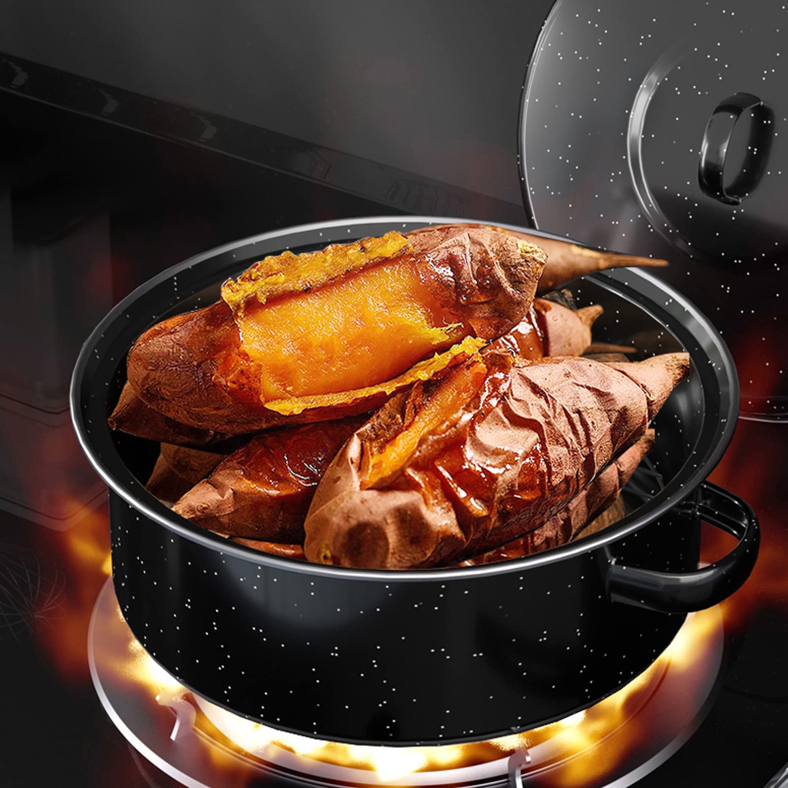 Roasting Pan, Non Stick Enamel Iron Stainless Steel Black Speckled BBQ Pot Roast Pan With Lid, Roasted Sweet Potatoes Chestnuts (Iron Cover 26cm)