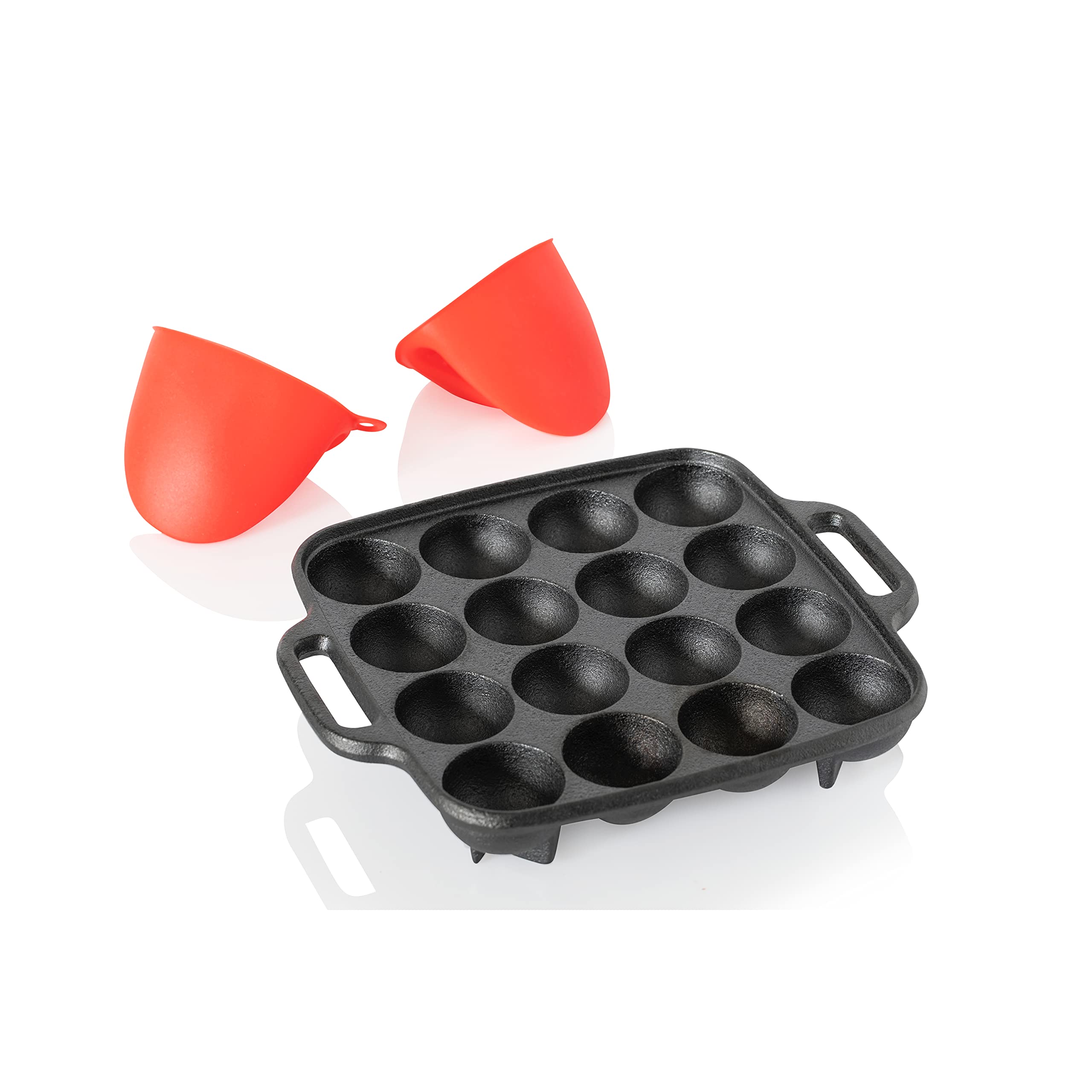 ZEELIK Takoyaki Cast Iron Pan - 16 Hole Heavy Duty NonStick Square Cooking Plate Octopus Ball Maker - Complete with 2 Silicone Oven Mitts