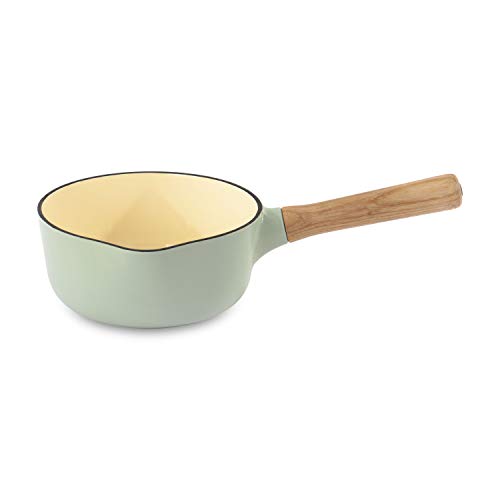 BergHOFF RON Cast Iron Saucepan 1.8 qt., Safe Grip Long Wood Handle, Induction Cooktop, Enameled Interior, Green