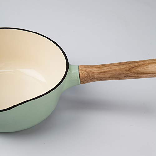 BergHOFF RON Cast Iron Saucepan 1.8 qt., Safe Grip Long Wood Handle, Induction Cooktop, Enameled Interior, Green