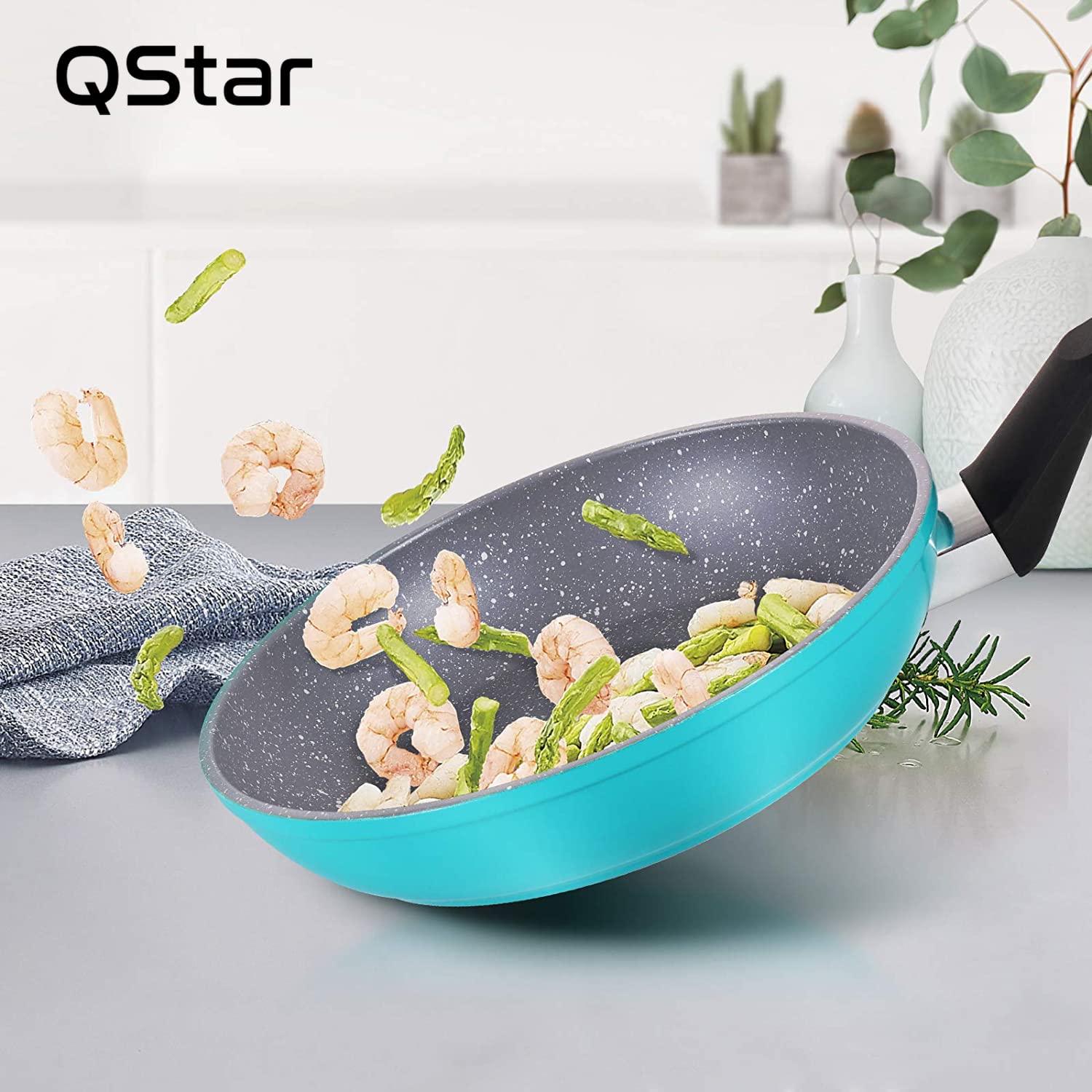 Qstar 12 in Granite Aluminum Nonstick Skillet Frying Pan in Blue with Lid and Cool Touch Handle