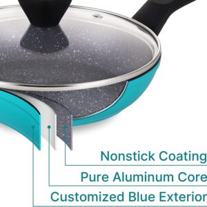 Qstar 12 in Granite Aluminum Nonstick Skillet Frying Pan in Blue with Lid and Cool Touch Handle