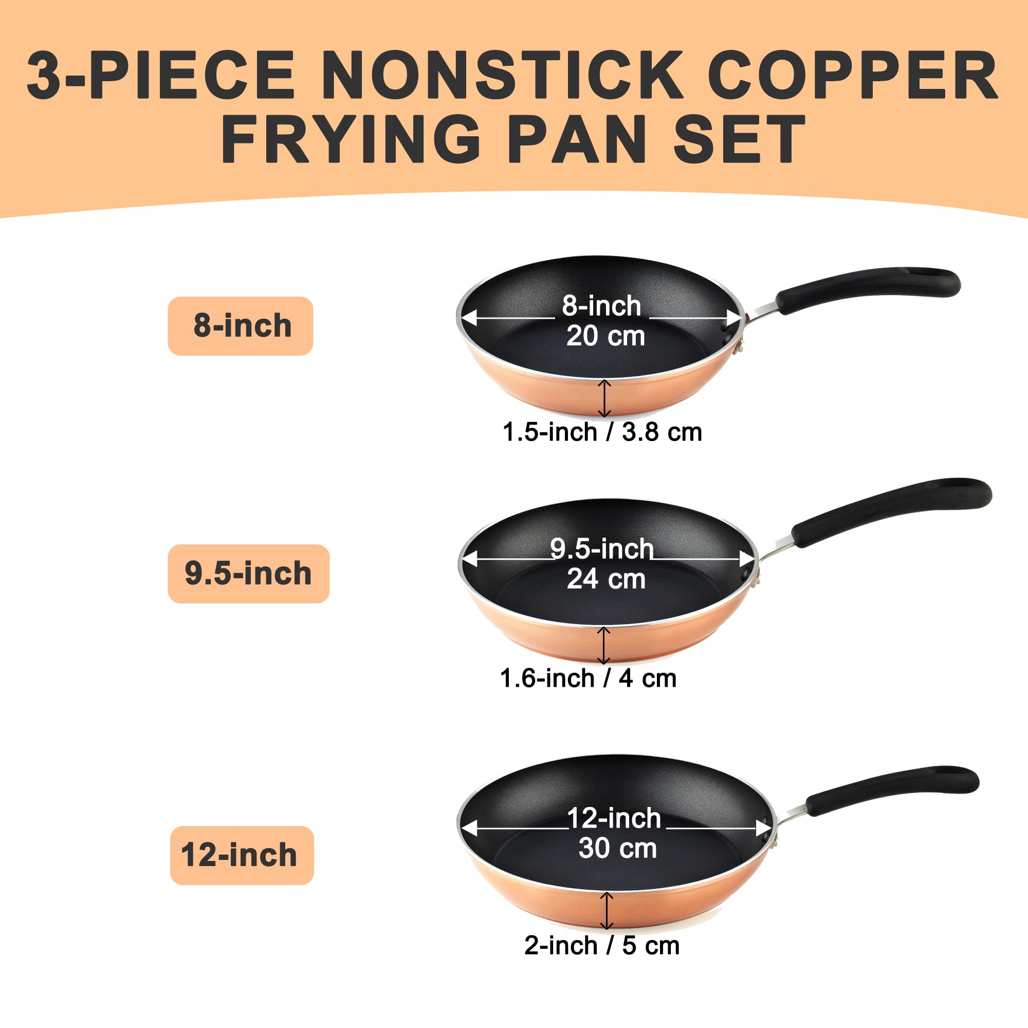 Cook N Home Nonstick Frying Pan Skillet, 8-inch, 9.5-inch, 12-Inch, 3-Piece Set Sauté Fry Pan Omelet Egg Pan Induction Cookware, Copper