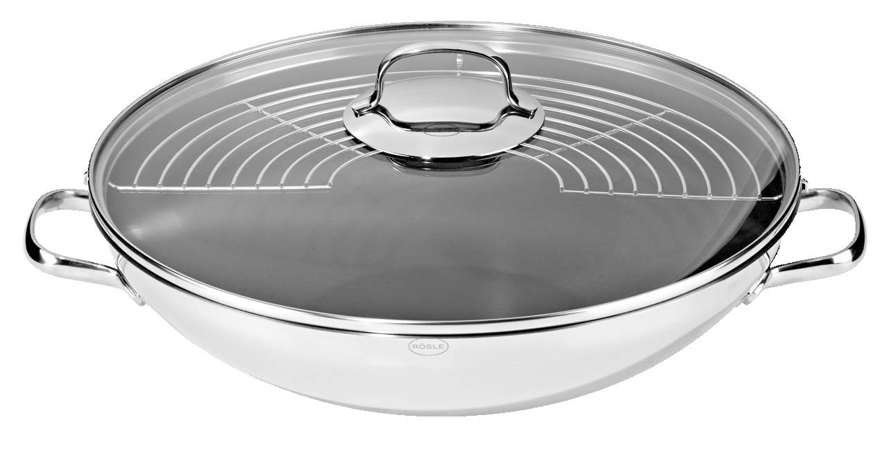 Rosle Stainless Steel Wok Pan with Non-Stick Coating and Glass Lid, 14.2-inch