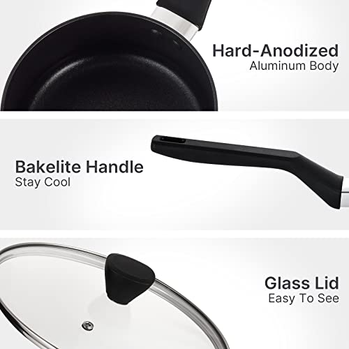 QStar Hard-Anodized Aluminum 3.5qt Nonstick Sauce Pan in Black with Lid and Cool Touch Handles