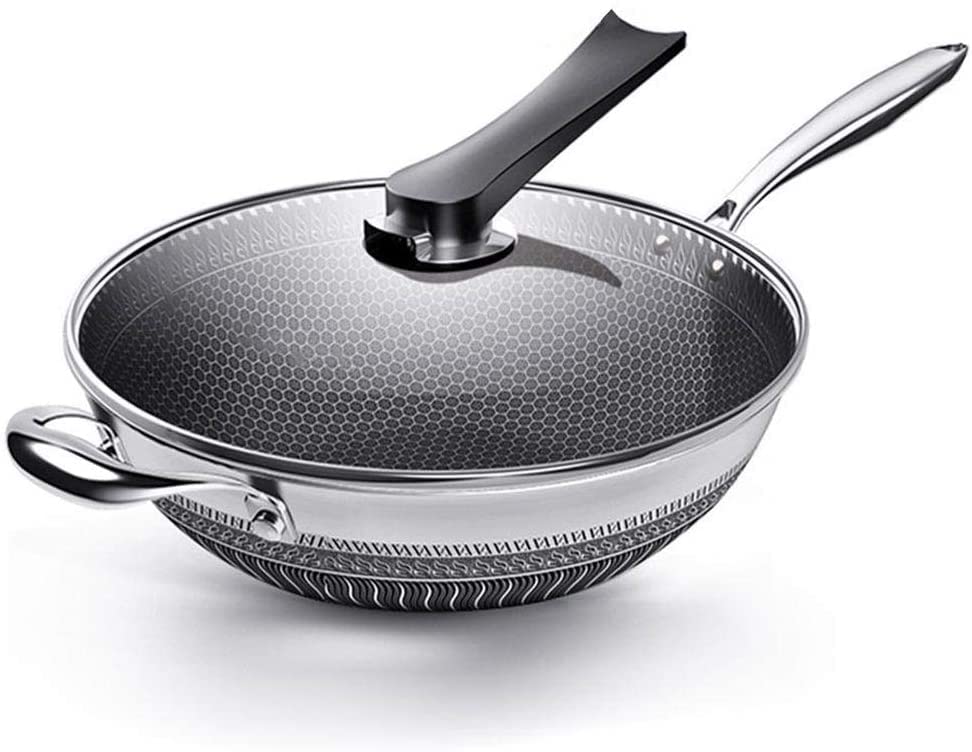 LMZZ Nonstick Frying Pan Stainless Steel Wok Honeycomb Frying Pan with Glass Lid Saute Pan Kitchen Cookware