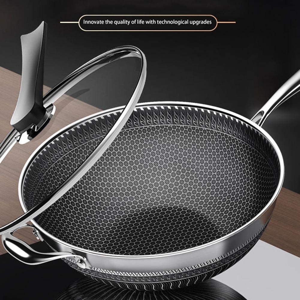 LMZZ Nonstick Frying Pan Stainless Steel Wok Honeycomb Frying Pan with Glass Lid Saute Pan Kitchen Cookware