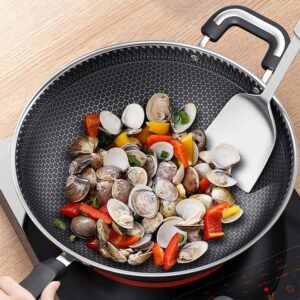 LMZZ Nonstick Frying Pan Stainless Steel Wok Honeycomb Frying Pan with Glass Lid Saute Pan Kitchen Cookware