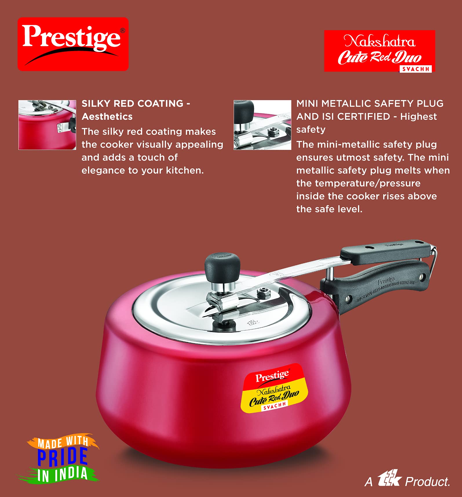 Prestige Nakshatra Cute Red Duo Svachh Aluminium Inner Lid Pressure Cooker 3.0 Litre (Powder Coated), Medium (10765)