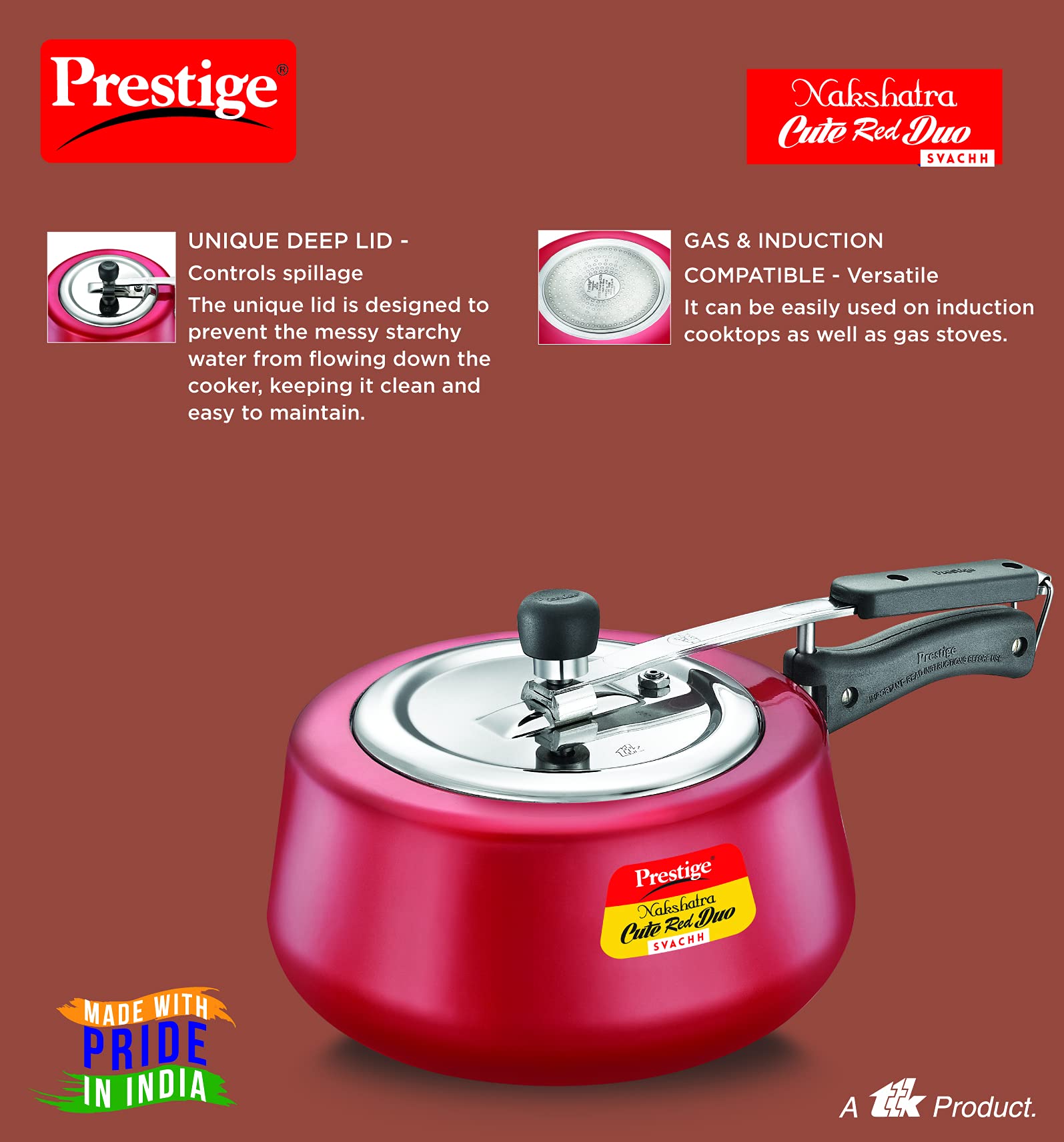 Prestige Nakshatra Cute Red Duo Svachh Aluminium Inner Lid Pressure Cooker 3.0 Litre (Powder Coated), Medium (10765)