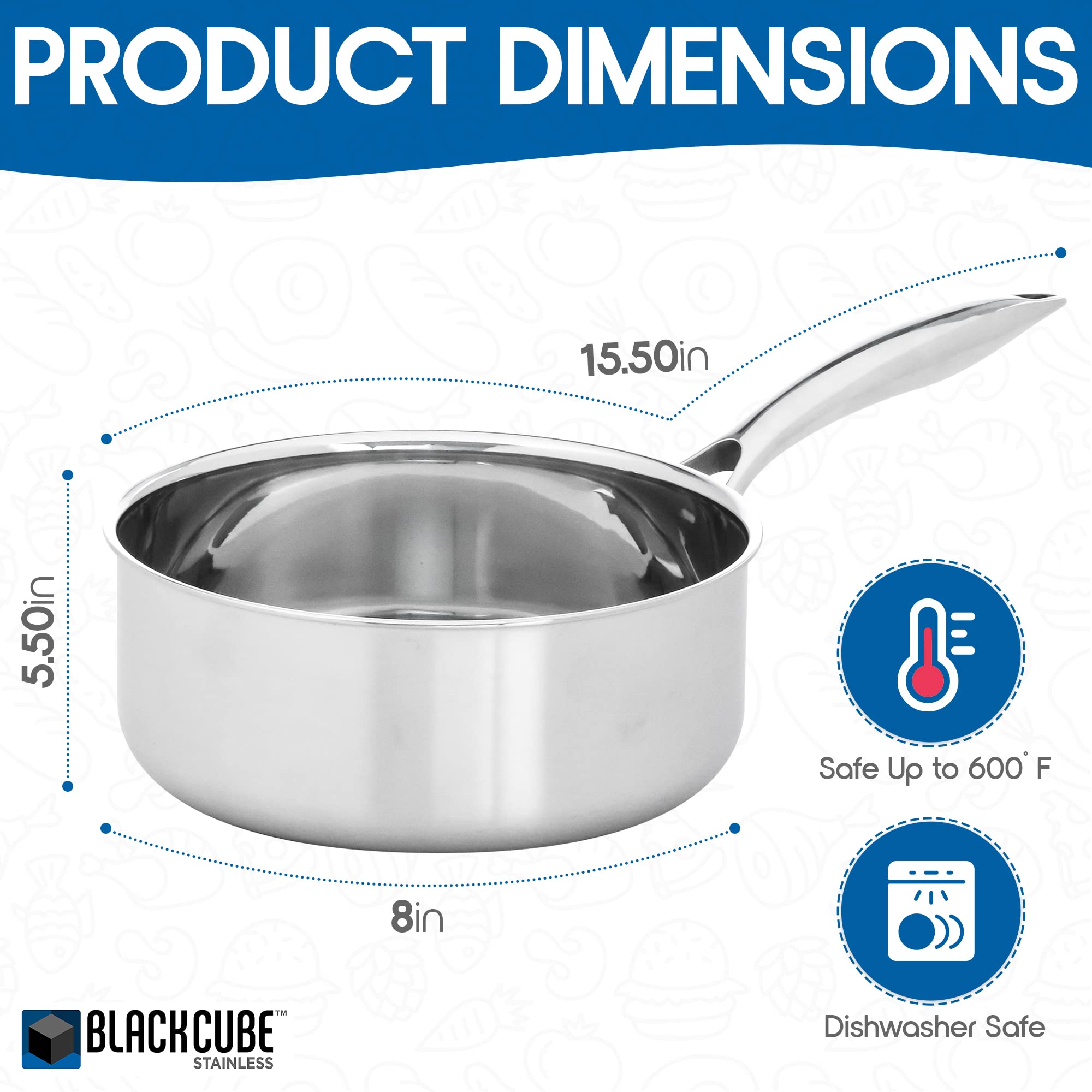 Black Cube Stainless Steel 2.5 QT Saucepan With Lid, 3 Ply Professional Grade Steel 8-Inch Pan, Sliver, Dishwasher Safe.