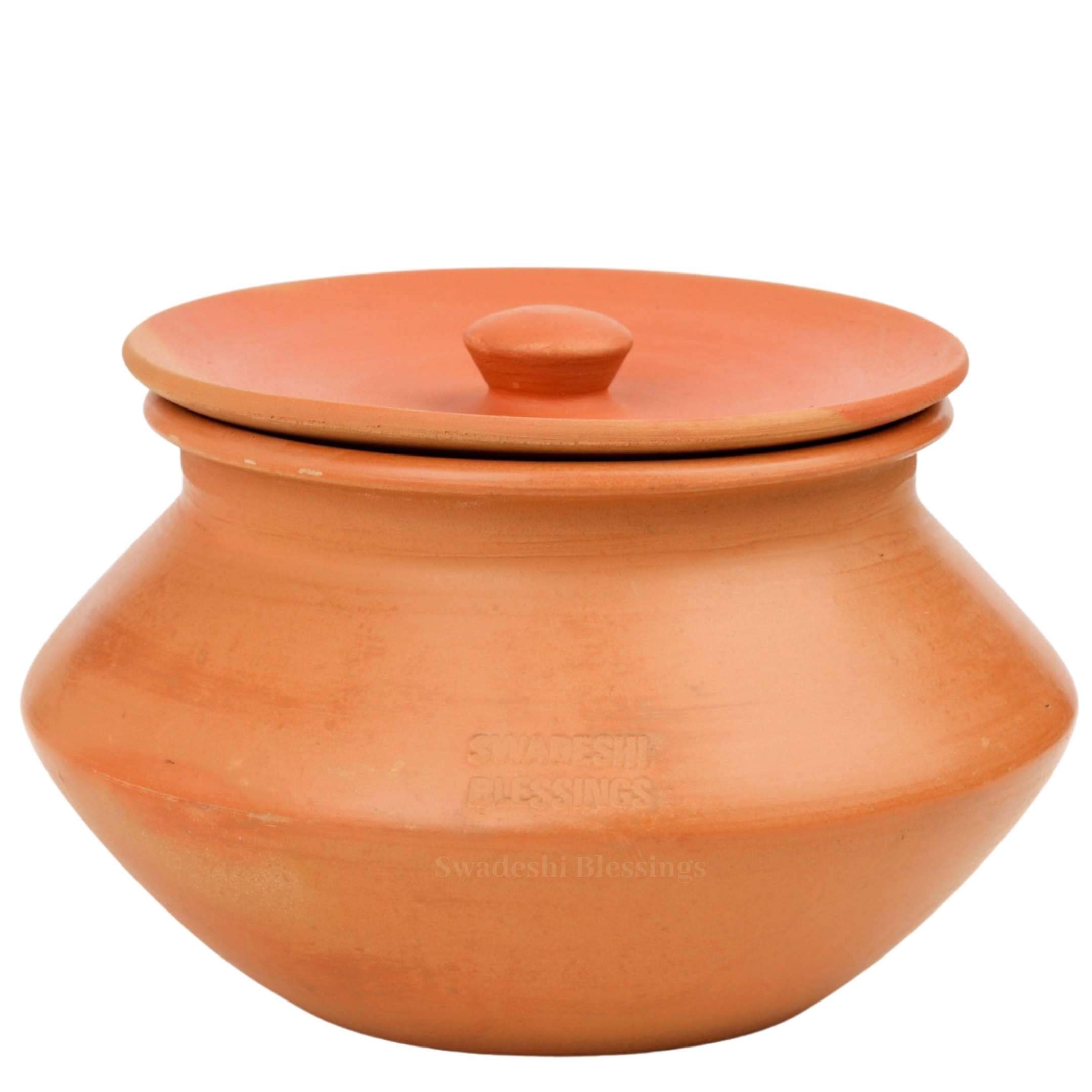 Swadeshi Blessings HandMade Exclusive Range Unglazed Earthen Handi/Mitti Ke Bartan/Mud Handi/Clay Pot with Lid for Serving & Tableware Use (with Stone Finished Mirror Shine) (600 ml)