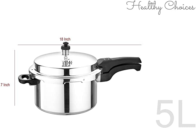 Healthy Choices 5 Quart Pressure Cooker, Stainless Steel, Unique Double Safety Valve, Olla de Presion Acero Inoxidable, Gas Stove & Induction Compatible, Instant Cooking, Indian Cookware, 5 Liters