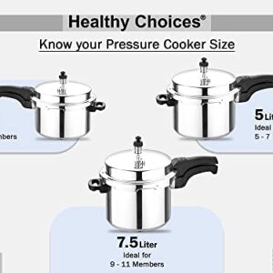 Healthy Choices 5 Quart Pressure Cooker, Stainless Steel, Unique Double Safety Valve, Olla de Presion Acero Inoxidable, Gas Stove & Induction Compatible, Instant Cooking, Indian Cookware, 5 Liters