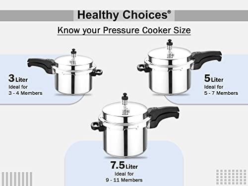 Healthy Choices 5 Quart Pressure Cooker, Stainless Steel, Unique Double Safety Valve, Olla de Presion Acero Inoxidable, Gas Stove & Induction Compatible, Instant Cooking, Indian Cookware, 5 Liters