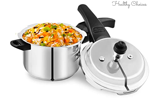 Healthy Choices 5 Quart Pressure Cooker, Stainless Steel, Unique Double Safety Valve, Olla de Presion Acero Inoxidable, Gas Stove & Induction Compatible, Instant Cooking, Indian Cookware, 5 Liters